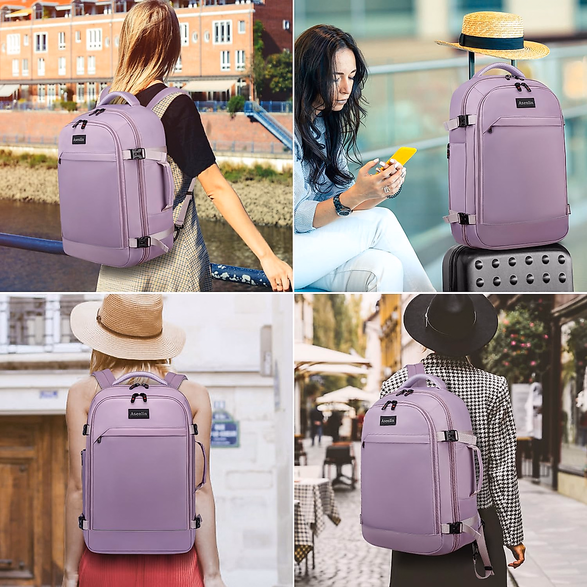 Asenlin 40L Travel Backpack for Women Men，17 Inch Laptop Backpack Flight Approved Luggage Carry On Water Resistant for Weekender Overnight Large Daypack Purple