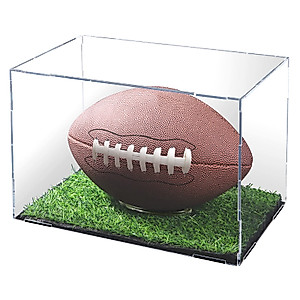 Upgraded Assemblable Acrylic Football Display Case- Clear Football Storage Box Grandstand Football Showcase with Artificial Grass Pad & Black Base & Oval Ball Holder for Sport Lover Football Display