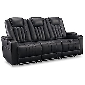 Signature Design by Ashley Center Point Contemporary Faux Leather Tufted Reclining Sofa with Drop Down Table, Black
