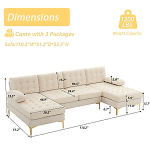 Artisasset Sectional Sofa Couch U-Shape 110" Sectional Sofa Linen Fabric Lattice Decored Sofa Set with Double Chaise for Living Room, Studio, Office, Apartment, Beige
