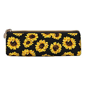 Ykklima Sunflowers Oil Black Pattern Leather Pencil Case Zipper Pen Makeup Cosmetic Holder Pouch Stationery Bag for School, Work, Office