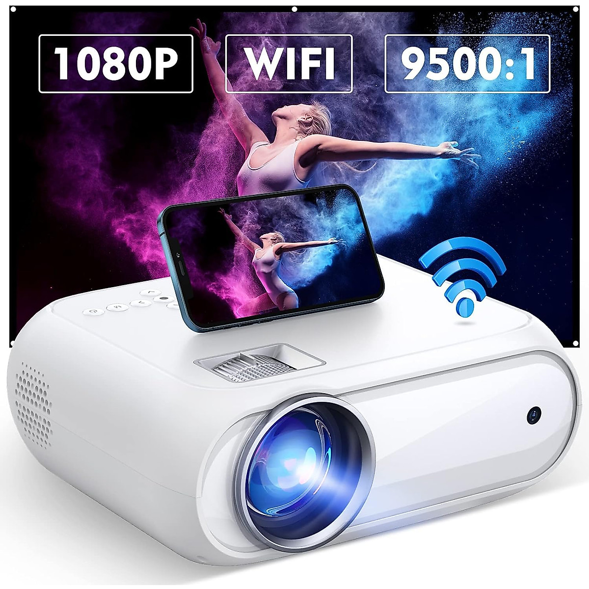 Mini Projector for iPhone, 1080P DVD Projector with Bluetooth and 120 inches Screen, Portable Video Projector for Outdoor Family Movie Night Compatible Phone/HD/Stick/USB,Built in DVD Player Projector