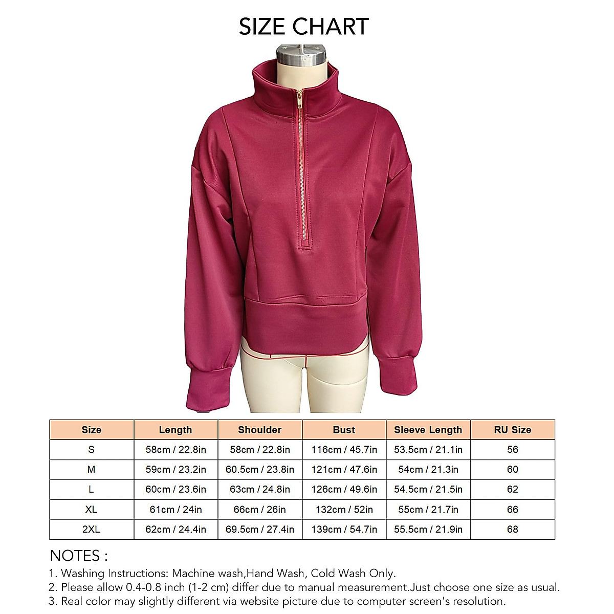ANGGREK Women's Half Zip Sweatshirts Long Sleeve Cropped Pullover Hoodies Casual Y2K Winter Clothes,Wine Red,Large
