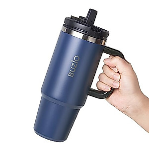 BUZIO 40oz Insulated Tumbler with Lid and Straw, Stainless Steel 40oz Tumbler with Handle, Cupholder Friendly Water Bottles, Vacuum Coffee Mug, Travel Flask, Keep Cold for 24 Hrs/Hot for 12 Hrs, Blue