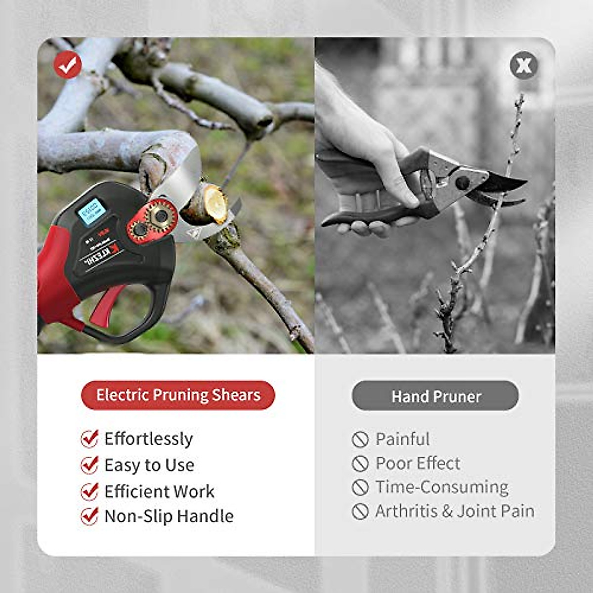 K KLEZHI Professional Cordless Electric Pruning Shears, 2 Pcs Rechargeable Lithium Battery Powered Tree Branch Pruner,25mm 1.0 INCH Cutting Diameter 6-7 Working Hours for Garden Fruit Tree(Red & Gray)