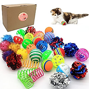 LASOCUHOO Cat Toys, Kitten Cat Ball Toys Assortments, Including Rainbow Ball, Crinkle Ball, Sparkle Ball, Bell Balls, Sisal Ball, Linen Ball for Cats and Kitten 30 PCS