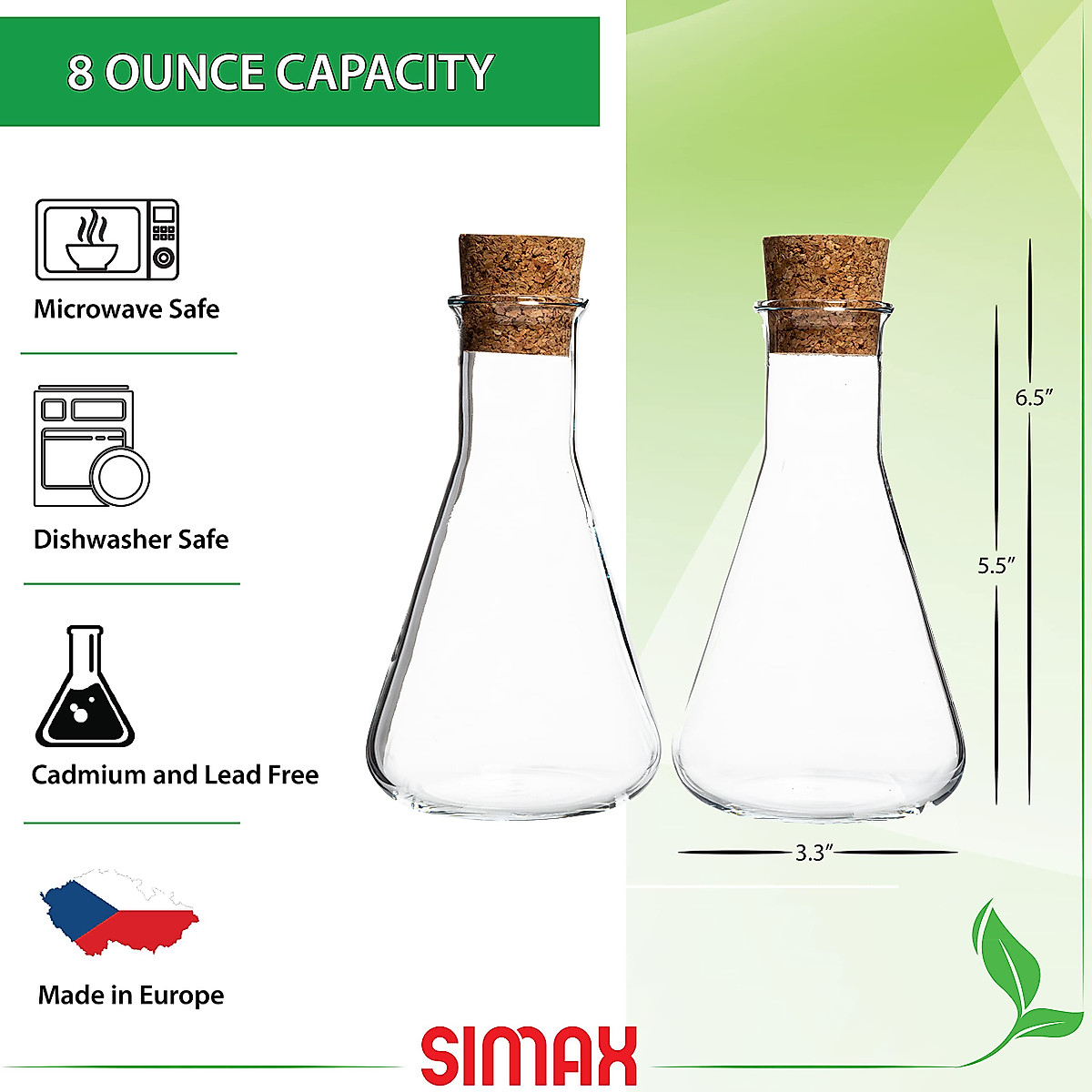 Simax Borosilicate Glass Oil & Vinegar Dispenser Set - 2 x 8 Oz Olive Oil & Vinegar Cruet with Cork Top
