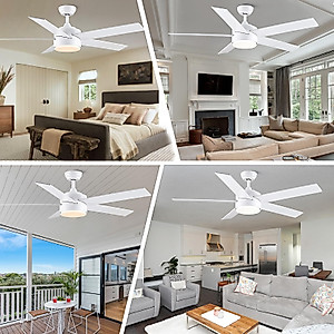 POCHFAN 52 inch White Ceiling Fans with Lights and Remote, Wooden 5 Blades LED Modern Ceiling Fan for Bedroom, Living Room, Dining Room, 3 CCT 6-Speed Quiet Reversible