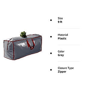 Pakkon Christmas Tree Storage Bag - Open Top, Waterproof Christmas Tree Storage Box for Disassembled Trees Up to 9 Feet with Carry Handles and Dual Zipper - 65x15x30 Inches, Grey