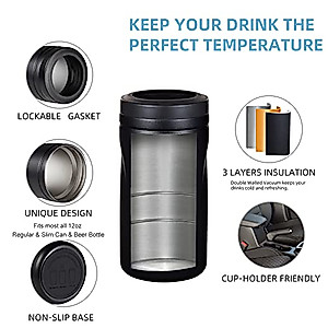 COKTIK 5 in 1 Insulated Can Cooler, Doublae Wall Slim Can Cooler for 12 oz Regular or Slim Cans & Beer Bottle (BLACK)