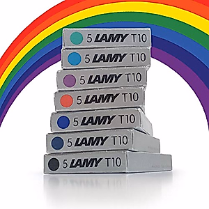 Lamy T10 Assorted Colour Pack Fountain Pen Ink Cartridges Refills Spare Replacement For All Lamy Fountian Pens (1 Pack Of Each Colour - 7 Packs - 35 Cartridges - Black, Red, Washable Blue, Green, Purp