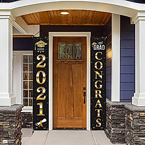 Whaline Graduation Hanging Banner, Graduation Porch Sign Backdrop Congrats Graduation Party Decorations for Home School Wall Door Yard Apartment (Black, Gold and White)