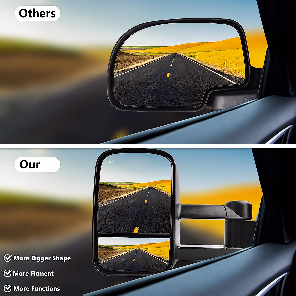 Perfit Zone Towing Mirrors Compatible with 2007-2014 Chevy Silverado for GMC Sierra 1500 2500 3500 HD Yukon Tahoe Black Power Heated Convex Lens Manual Folding Pair Set Driver Passenger LH RH