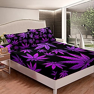 Marijuana Leaf Bed Sheets Weed Leaf Botanical Sheet Set for Kids Men Women Adults Cannabis Leaves Bed Set Luxury Puple Hemp Sheets Room Decor 4Pcs Full Size