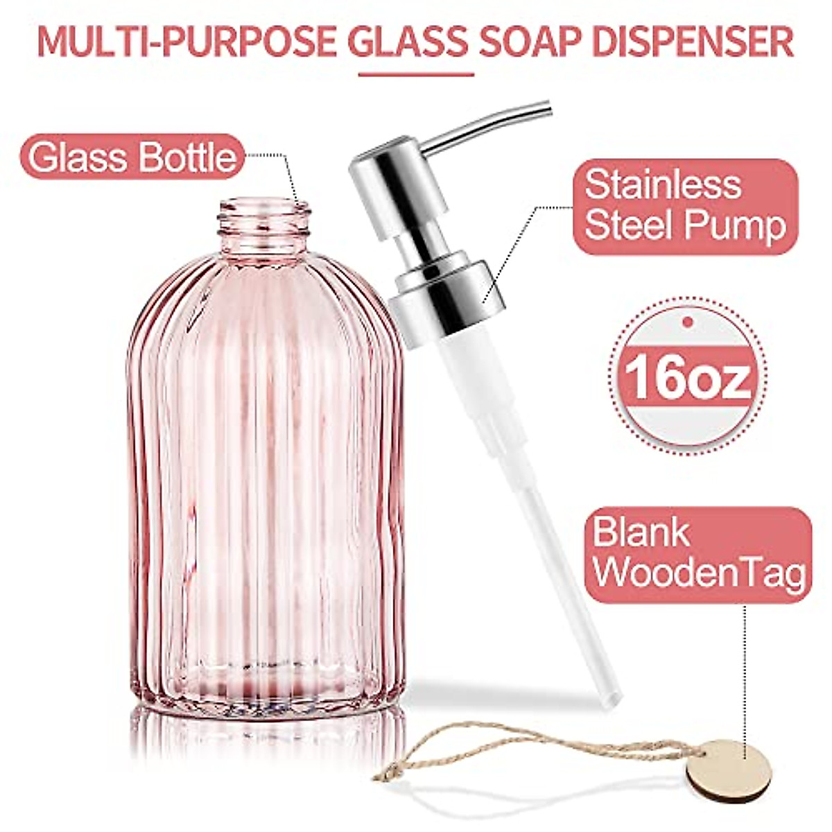 MOCLIF 16OZ Fashion Stripe Clear Glass Refillable Soap Dispenser with 304 Stainless Steel Pump Premium Soap Dispenser， for Kitchen, Bathroom, Hand Sanitizer, Liquid Soap, Lotion, etc. (Clear Pink)