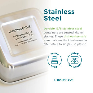 U Konserve Stainless Steel Nested Trio Food Storage Container Bento Box, Set of 3 (15, 30, & 50 oz), Leak Resistant, Silicone Lid, Dishwasher Safe, Plastic Free