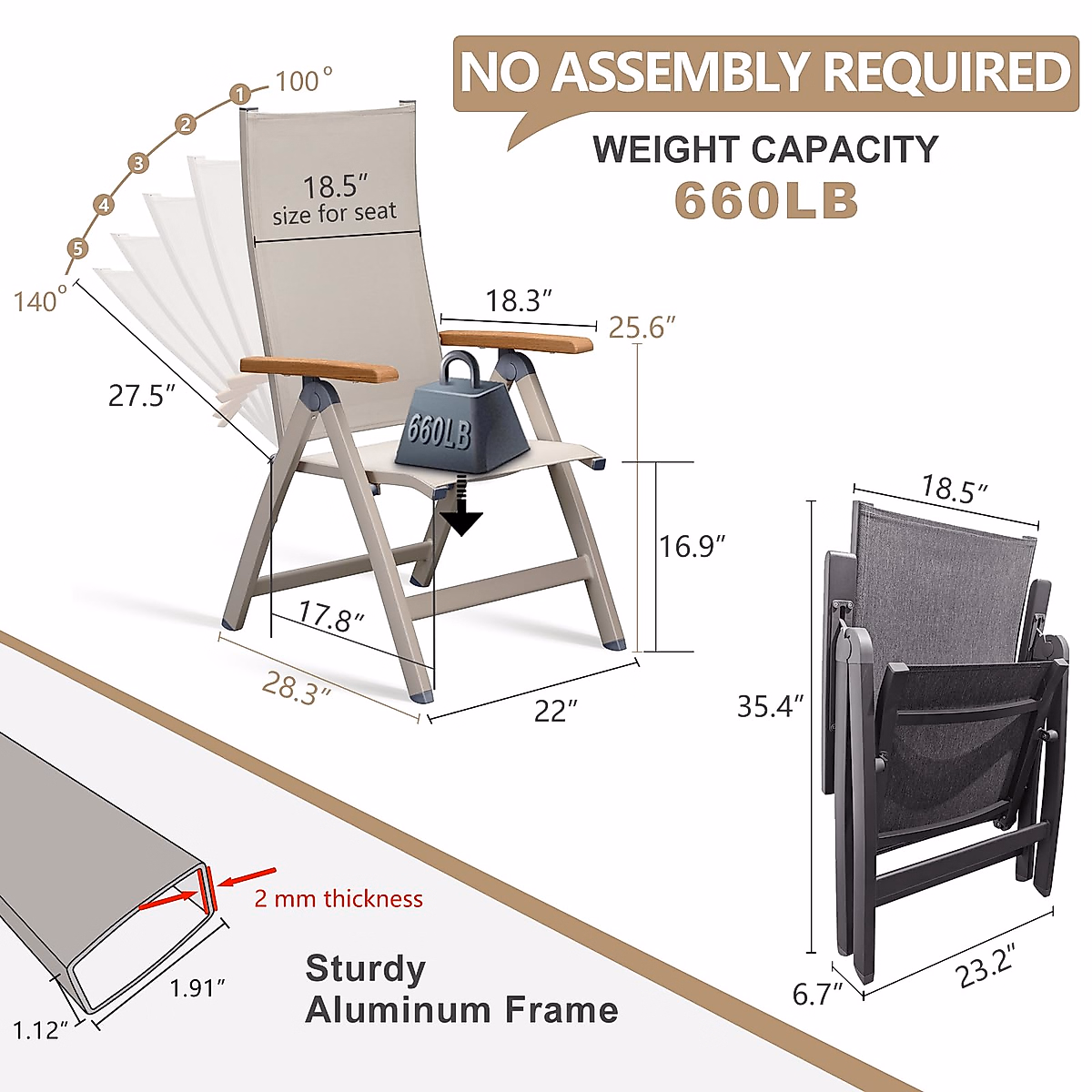 Sunairsz Folding Chair, Indoor & Outdoor Balcony, Patio Porch, Garden Lawn, Pool, for Comfortable Ivory White Foldable Chairs, Portable Cozy Recliner, Metal Frame, Heavy Duty Durable