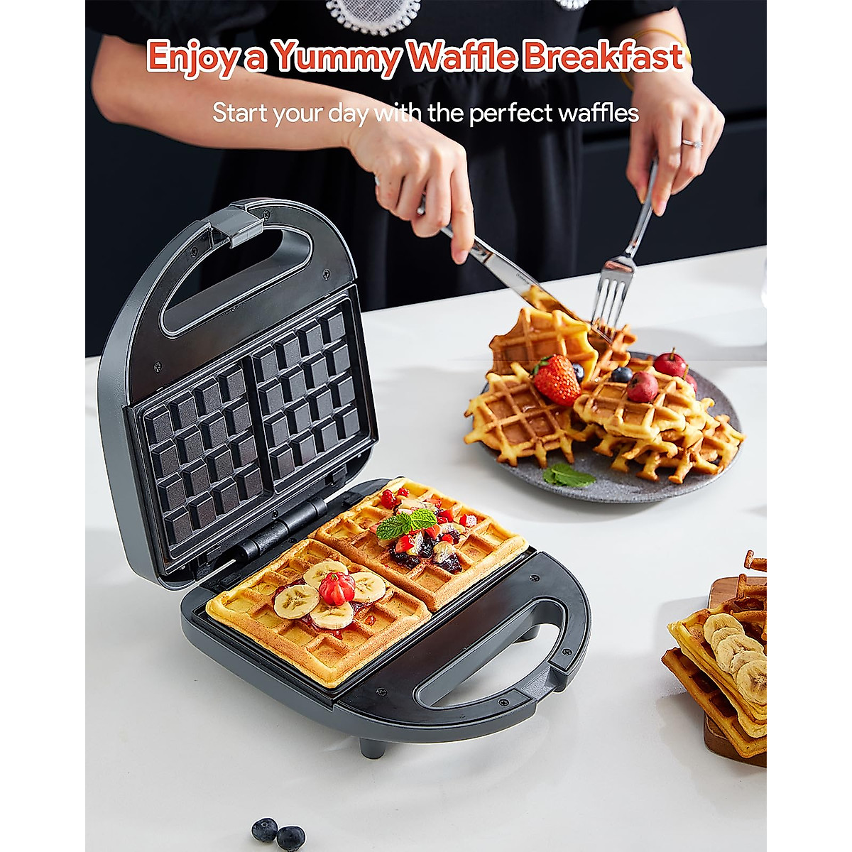 Waffle Maker Double, Waffle Iron Machine Non-Stick Extra Large, Breakfast Stuffed 2-Slice Belgian, Electric Fast Heat Up, Snack, Gray 750W BEZIA