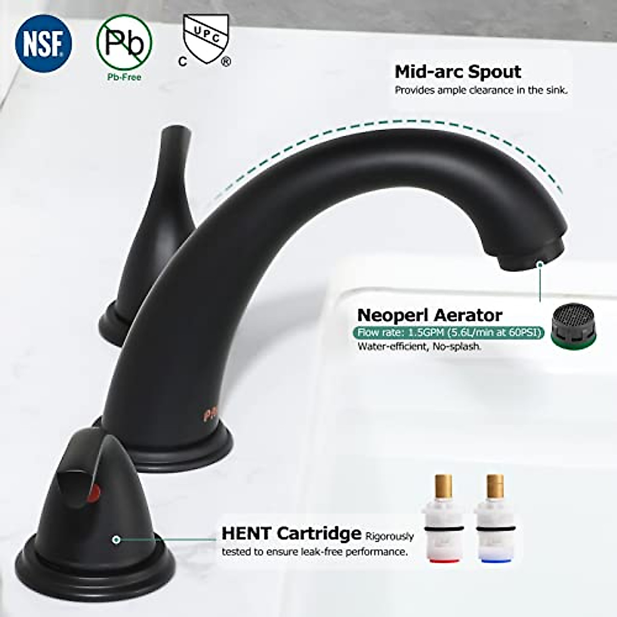 PARLOS 2 Handles Bathroom Sink Faucet 8 inch Widespread 3 Hole Deck Mount Lavatory Vanity Faucet, Matte Black, 1435004D