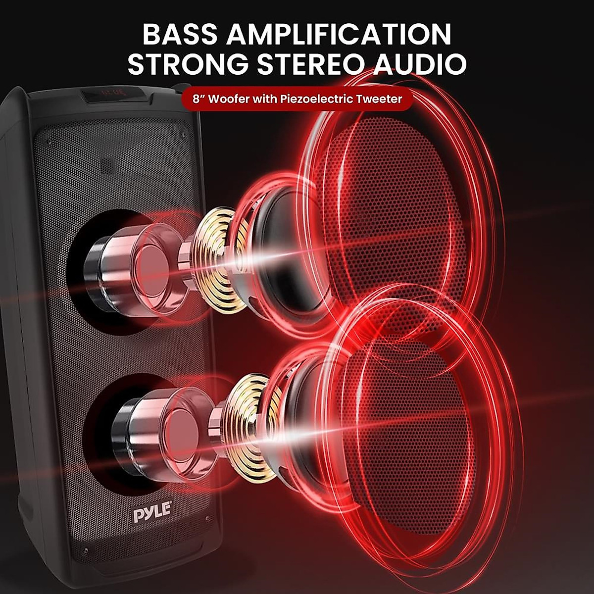 Pyle Portable Bluetooth PA Speaker System - 500W Rechargeable Indoor Outdoor Stereo w/Dual 8” Woofer & Tweeter, Audio Recording, Wireless Microphone, Flaming Light, Radio, MP3/USB/Micro SD, Remote