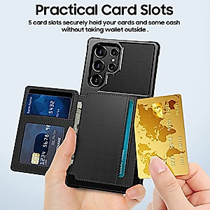 GooseBox for Samsung Galaxy S23 Ultra Wallet Case with Card Holder (5 Cards Slot), S23 Ultra Wallet Case for Women Men& Kickstand Double Layer TPU Heavy Duty Shockproof Rugged Case (Black)