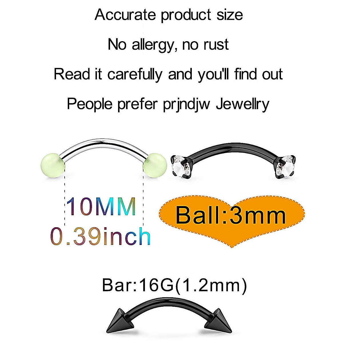 Prjndjw Black 8Pairs 16G 3/8in Eyebrow Piercing Earrings Stainless Steel CZ Matt Ball Curved Barbell Daith Rook Snug Tragus Body Jewelry Retainer for Women Men