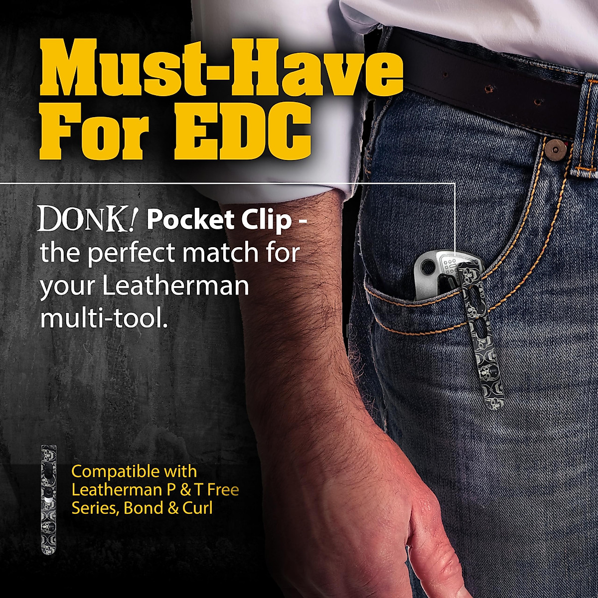 Donk! Titanium Pocket Clip. Made for Leatherman Free (P2, P4, T2 & T4) Curl & Bond. TC4 Titanium. Matte Finish. 2 Screws. 5 Custom Designs. Extra Carry Options - 'Numb Skulls Dark’
