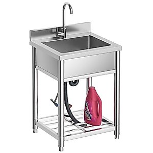 Stainless Steel Utility Sink, Free Standing Single Bowl Kitchen Sink with Cold and Hot Water Faucet, Commercial Sink for Restaurant Bar Cafe and Hotel, Indoor and Outdoor Sink, 21.7 in