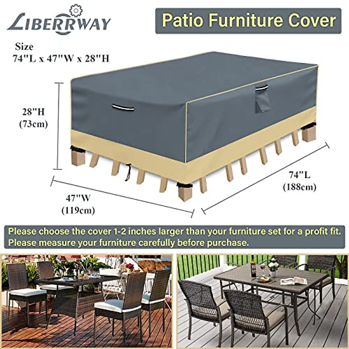 Patio Furniture Covers Waterproof & Heavy Duty 74 Inch, 600D Oxford Cloth Outdoor Patio Table Cover, 74" L x 47" W x 28" H Rectangular Patio Covers for Outdoor Furniture & Dining Table and Chairs Set