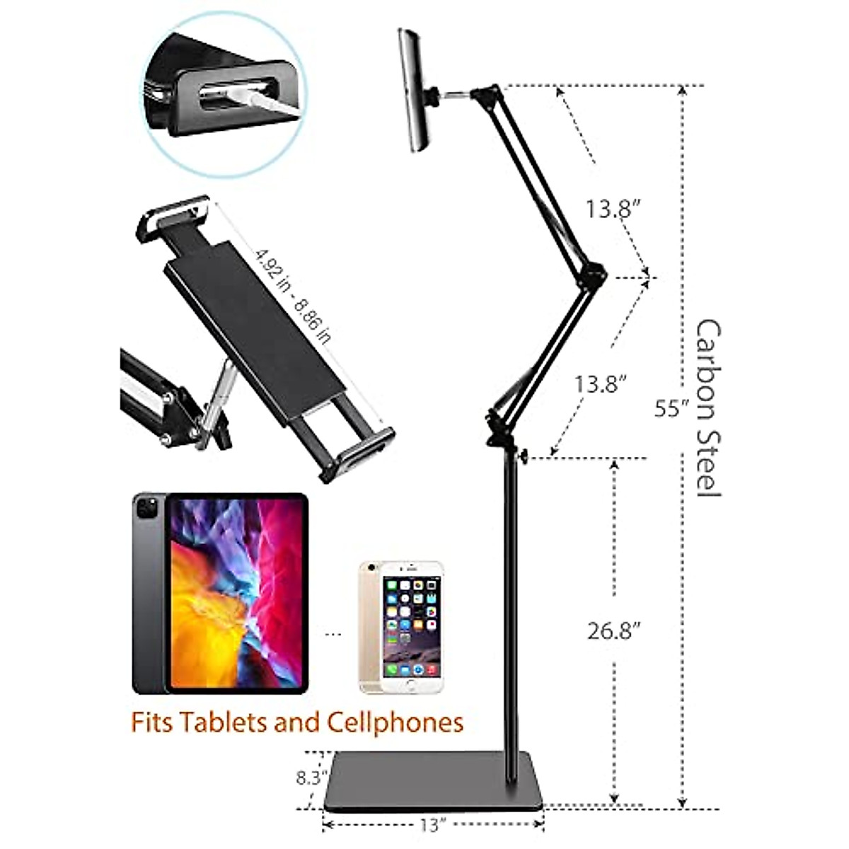 Tablet Floor Stand with Double Weight Base, Overhead Bed Phone Mount Height Adjustable Arm Stretchable Stand Holder, Compatible with iPad Mini Air Pro, Galaxy Tab, Kindle, Switch, Cell Phones-Black
