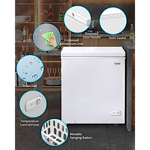 TABU 5.0 Cu Ft Deep Freezer, Top Open Door Chest Freezer, Compact Freezer with Removable Storage Basket, 7 Level Adjustable Temperature and Top Open Door, Ideal for Kitchen, Basement (White)