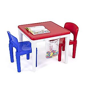 Humble Crew, White/Blue/Red Kids 2-in-1 Plastic Building Blocks-Compatible Activity Table and 2 Chairs Set, Square, Toddler