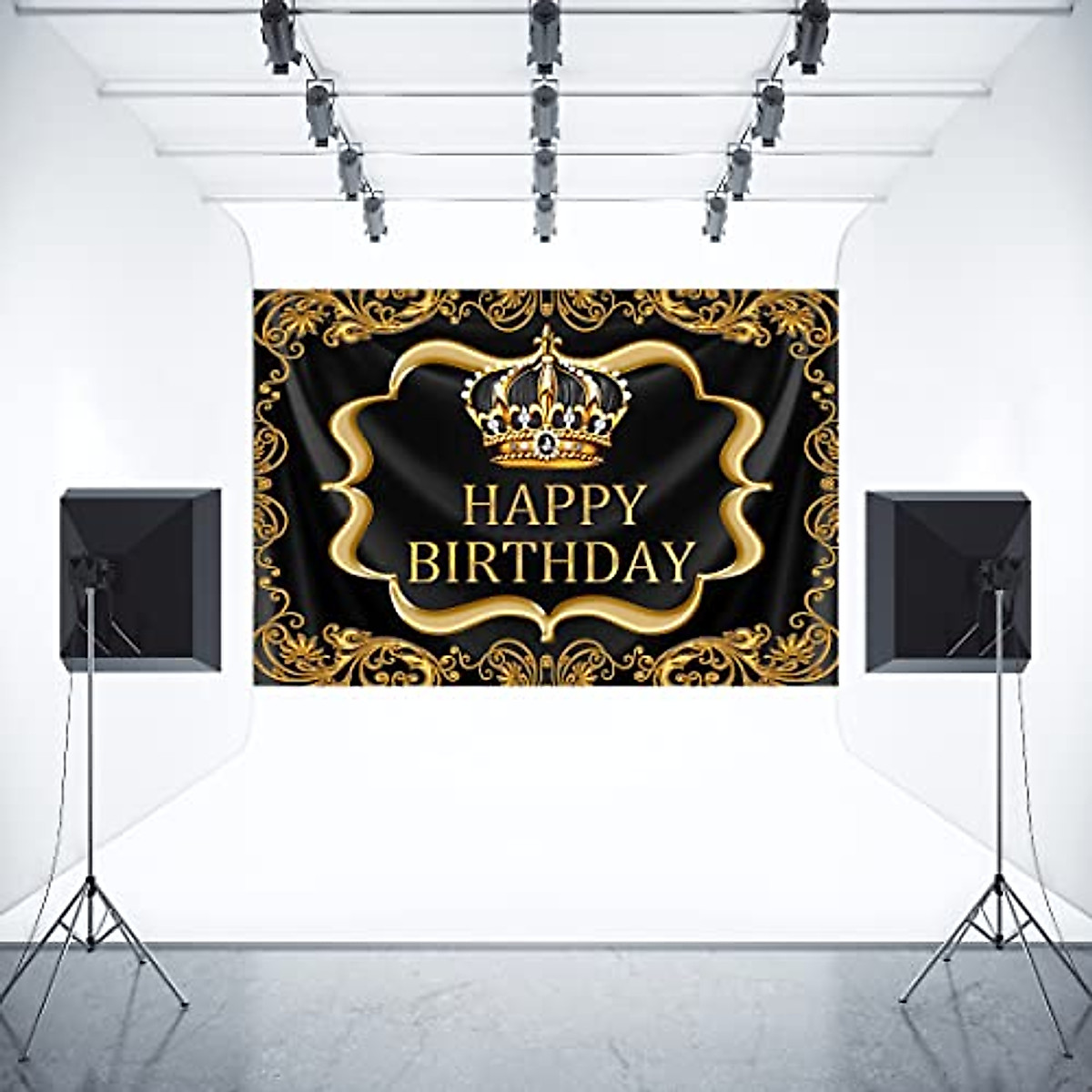 Aperturee Black and Gold Happy Birthday Backdrop 7x5ft Little Baby Boy Prince King Crown Photography Background Celebration Party Decoration Supplies Cake Table Banner Photo Booth Prop
