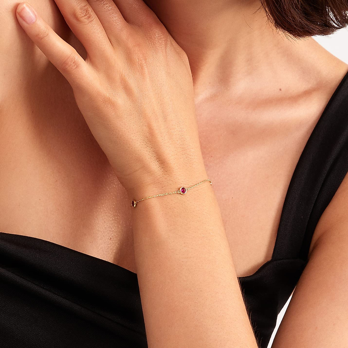 GELIN 14k Solid Gold Ruby Station Bracelet for Women