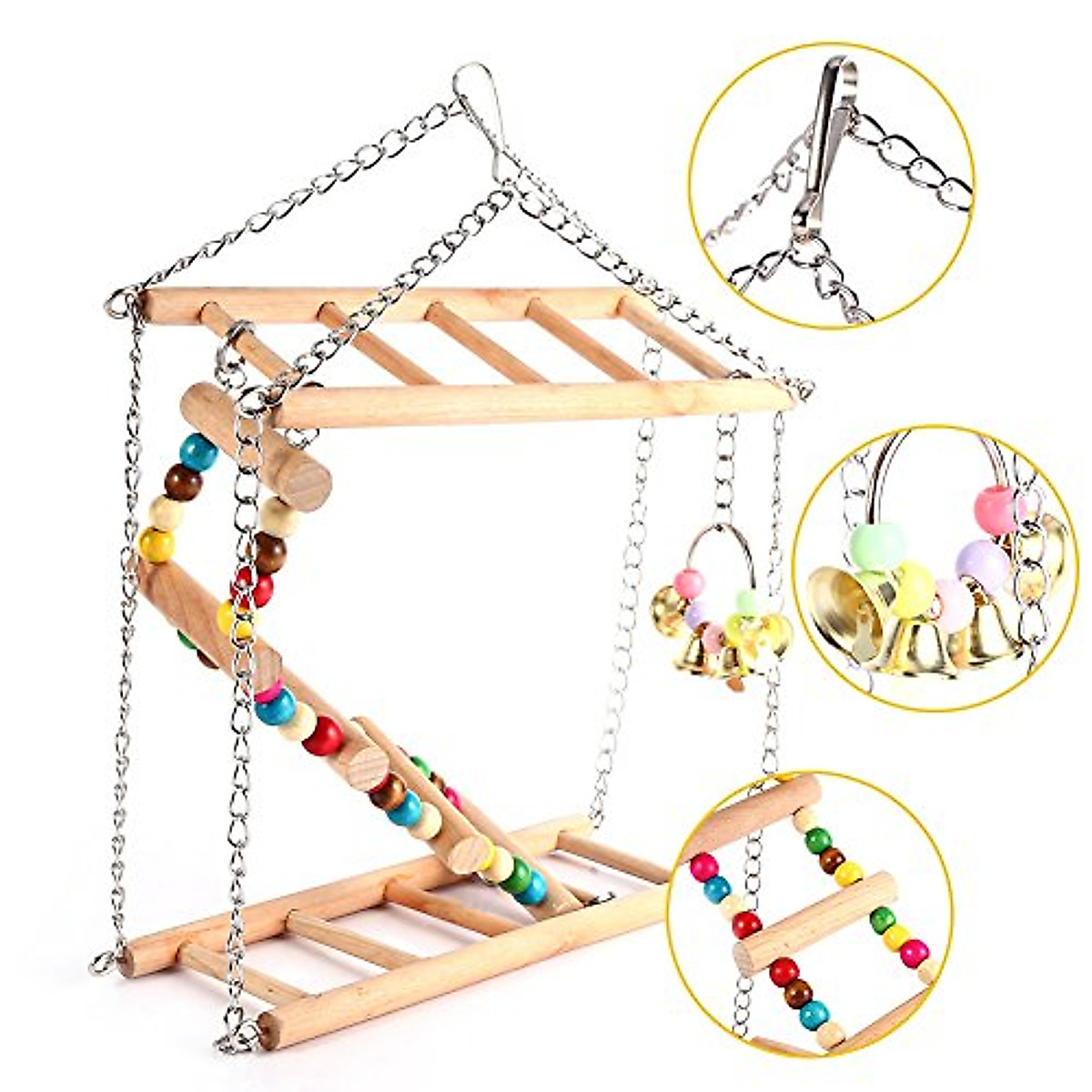 Ladder Bird Toy, Wooden Rainbow Bridge Steps Stairs Climbing Swing Double-Layer Toys for Pet Hamster Parakeet Budgie Cockatiel Trainning