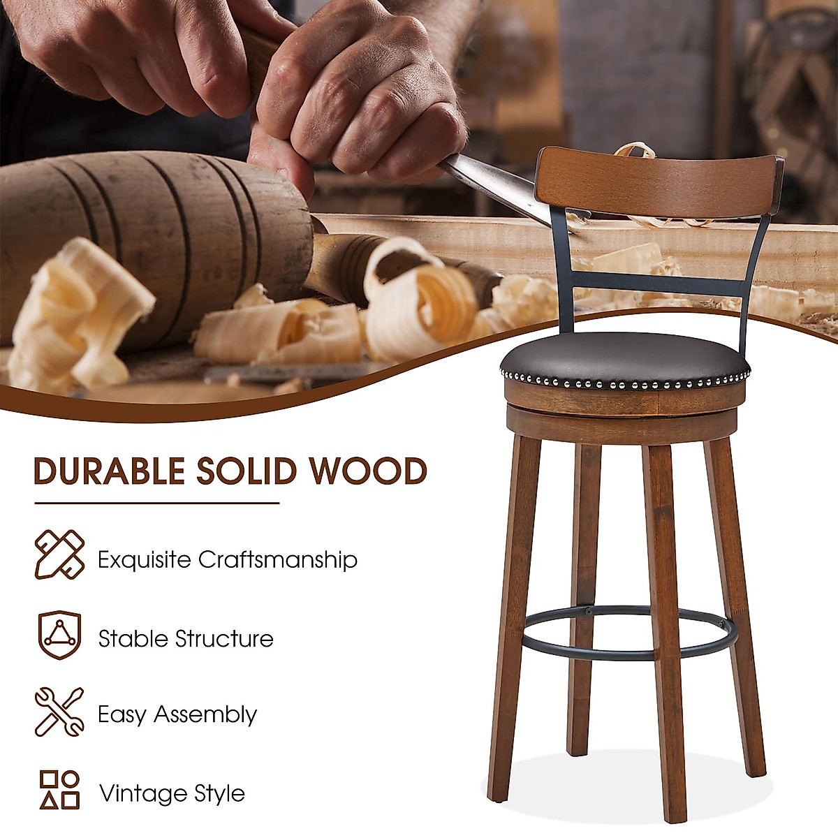 ERGOMASTER Bar Stools Set of 4 Swivel Bar Height Bar Stools for Kitchen Island, PU Leather Upholstered Barstools with Back & Solid Rubber Wood Legs & Metal Footrest, Seat Height 30.5 Inch, Brown