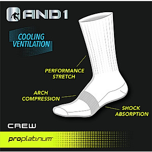 AND1 Men's Athletic Arch Compression Cushion Comfort Crew Socks (12 Pack), Size 6-12.5, Assorted