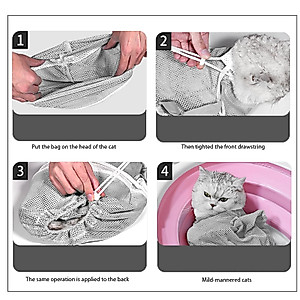 MSMUOEZ Adjustable Multifunctional Anti-Bite Shower net Bag，Cat Grooming Mesh Bag, Cat Bathing Bag，Cat Bath Brush and Pet Finger Toothbrush (B-Grey)