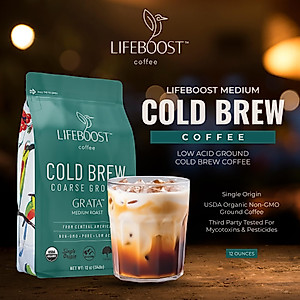 Lifeboost Medium Cold Brew Coffee - Low Acid Coarse Ground Coffee for Cold Brew - Single Origin Non-GMO USDA Organic Cold Brew Coffee Grounds - 3rd Party Tested For Mycotoxins & Pesticides - 12 Ounces