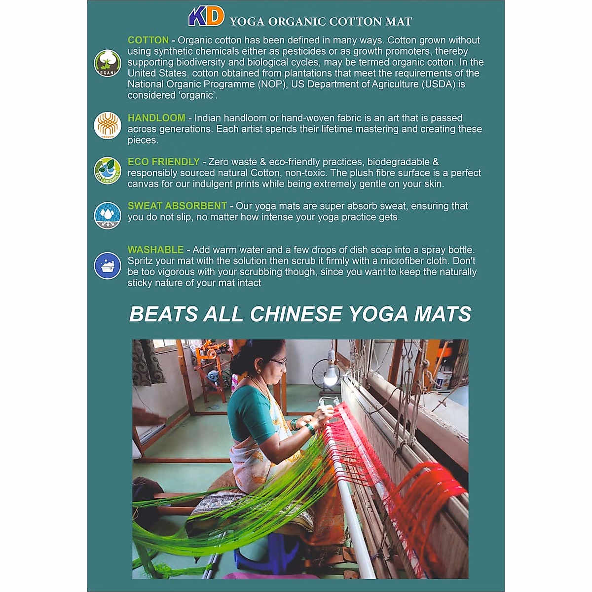 KD Cotton Yoga Mat Hand Woven Yoga Mat Eco Freindly Organic Handloom Mat Supreme Heavy Quality with Carry Strap- 24" x 72" Exercise Mat (MultiColor)