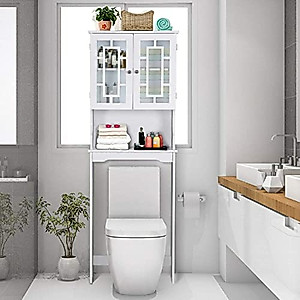 MEDIMALL Over The Toilet Storage Cabinet, Bathroom Space Saver w/ 2 Doors, Inner Adjustable Shelf & Open Storage Space, Anti-Tip Design, Organizer Over Toilet for Most Standard Toilets (White)