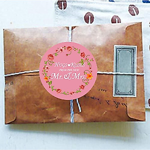 210PCS Hugs and Kisses from The New Mr and Mrs Stickers,2 Inch Round Pink Floral Party Wedding Craft Labels for Wedding Favour, Gift Bags,Envelopes and Candy Cookie Package