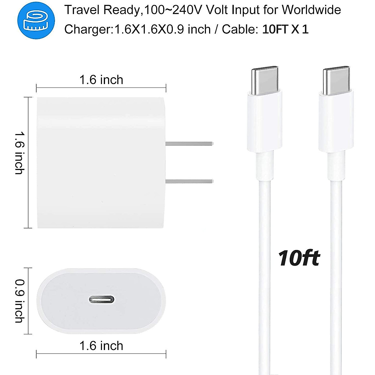 iPad Pro Charger, 20W USB C Charger with 10ft USB C to C Charging Cable for iPad Pro 13/12.9/11 inch, iPad Air 13/11 inch 5/4th Generation, iPad 10, iPad Mini 6