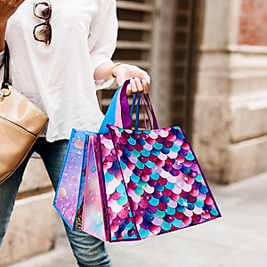 BLEWINDZ Large Gift Bags with Tissues – 3Pcs Mermaid Girls Kids Tote Reusable Gift Bags with Handles for Birthday Party Favors, Baby Showers, Shoppings (13" x 7" x 13.2")