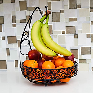 Totally Kitchen Fruit Basket with Banana Tree Hanger | Round Metal Fruit Storage Bowl | Matte Black