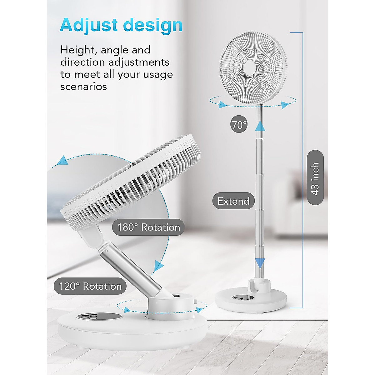 Eposy Standing Oscillating Fan 12" Foldable Portable Quiet Floor Fan,12000mAh with Remote, Timer, Height Adjustable,6 Speed Portable Fan,White
