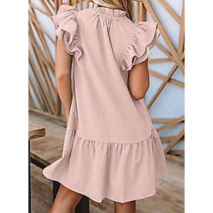 Dokotoo Spring Summer Dresses for Women 2025 Casual Sleeveless V-Neck Ruffle Pockets Lightweight Swing Tunic Dress Solid Color Mini Ladies Dresses Sun Dresses Vacation Holiday Sundress Pink Large