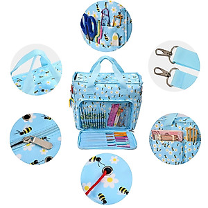 GDJZXD Crochet Bag, Crochet Storage, Knitting Organiser, Crochet Organiser, Craft Bag fit Carrying Projects, Knitting Needles, Crochet Hooks, Yarn, Blue Floral and Bees