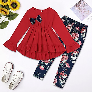 Yoxindax Toddler Kid Girl Clothes Bell sleeves Ruffle High Low Bowknot Solid Top Floral Print Leggings Fall Winter Outfit Set(5-6t)