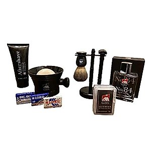 G.B.S 9 Pc Shaving Set - Non Slip DE Safety Razor Shaving Brush Stand 5 oz Sandalwood Aftershave, Mug with G.B.S Natural Soap +15 Blades Adjustable Convenient